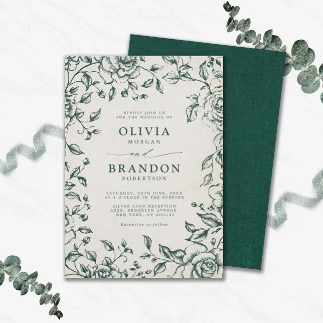 Emerald Greenery Vintage Botanical Simple Wedding Invitation | Zazzle