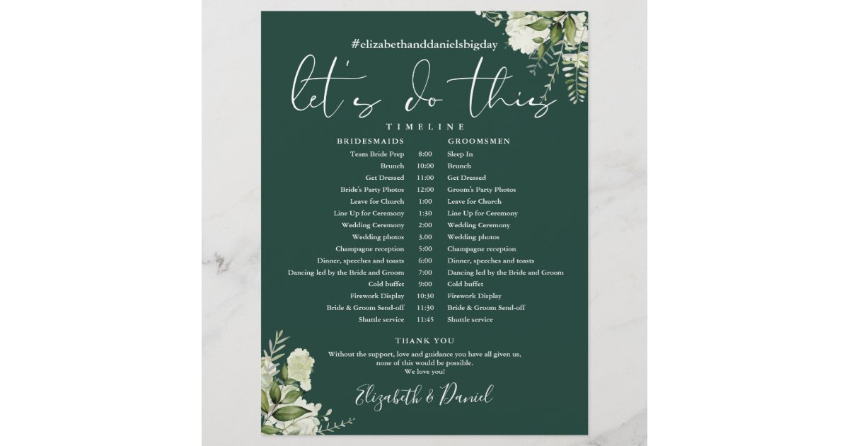 Emerald Greenery Wedding Schedule Timeline | Zazzle