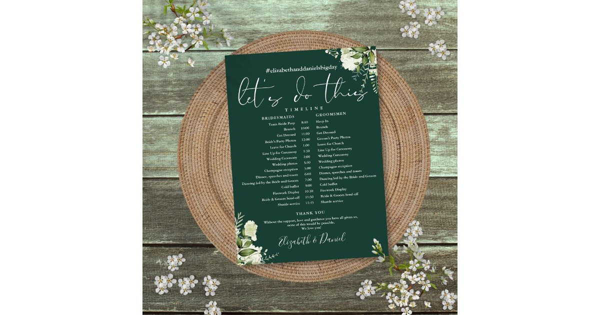 Emerald Greenery Wedding Schedule Timeline Program | Zazzle