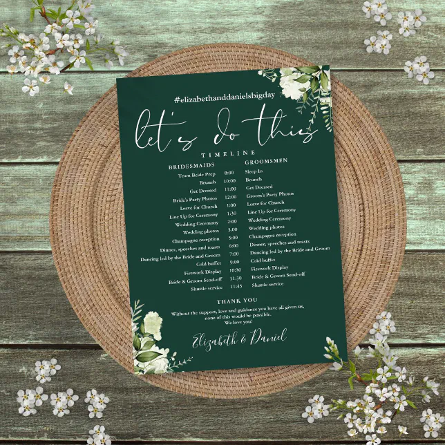 Emerald Greenery Wedding Schedule Timeline Program | Zazzle