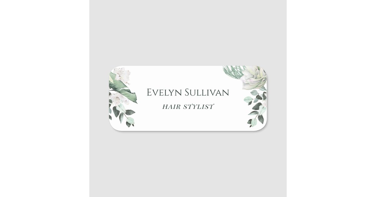 emerald greenery white flowers name tag | Zazzle