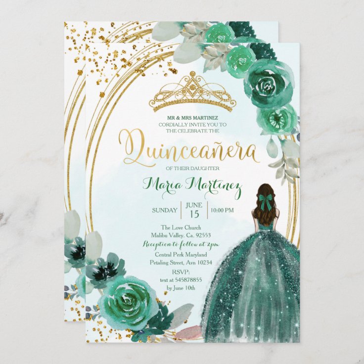 Emerald & Hunter Green Roses 1 Mis Quince Invitation | Zazzle