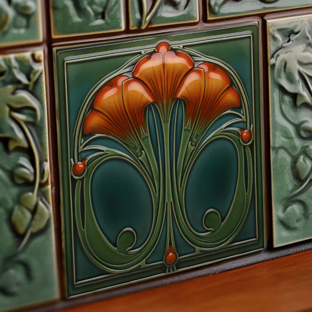 Emerald Orange Wall Decor Art Nouveau Ceram Ceramic Tile | Zazzle