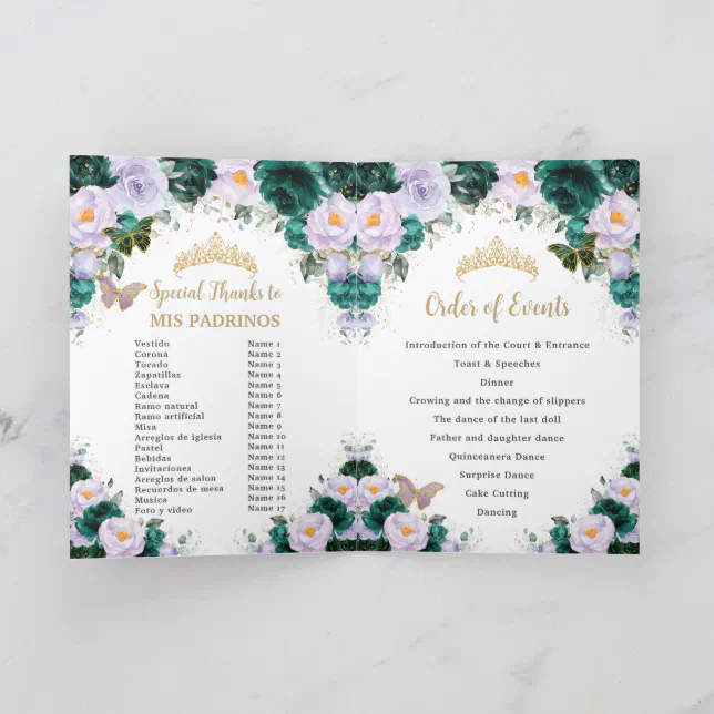 Emerald Purple Floral Quinceañera Order of Events Program | Zazzle