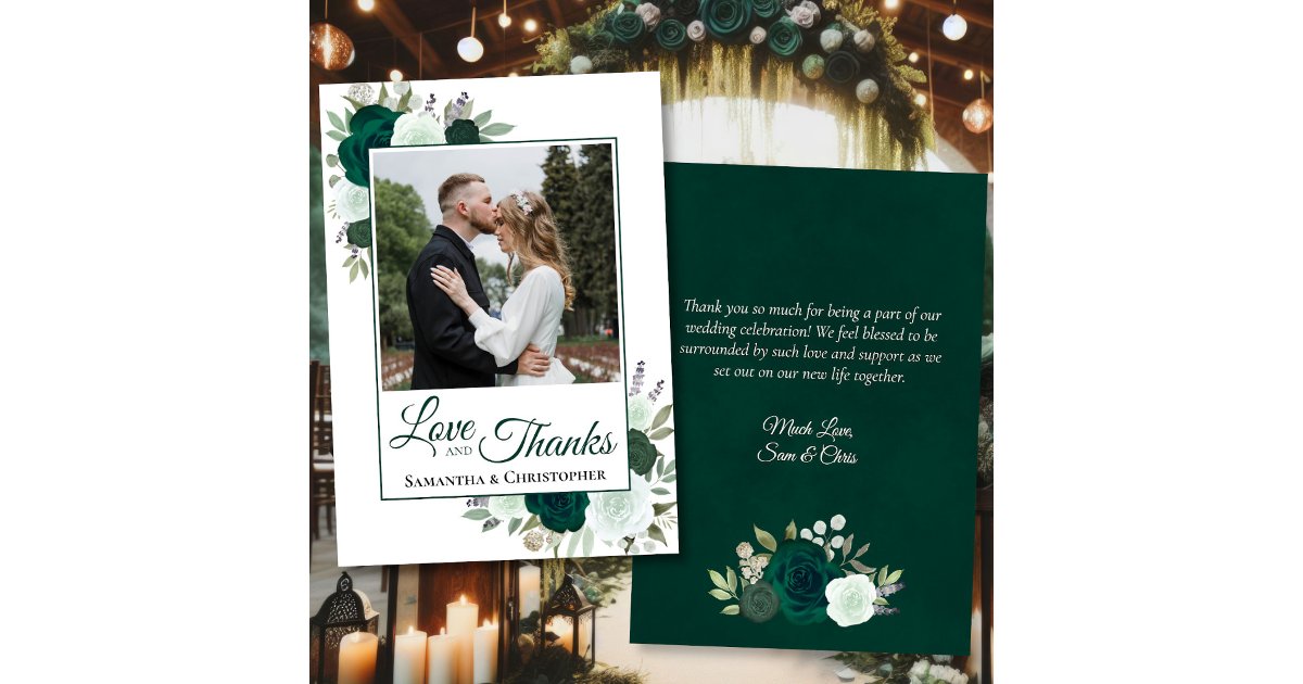 Emerald Roses Love & Thanks Wedding Photo & Note Thank You Card | Zazzle