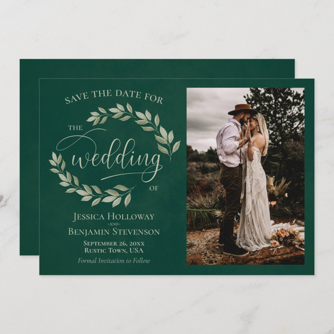 Emerald & Sage Green Leaves & Photo Rustic Wedding Save The Date | Zazzle