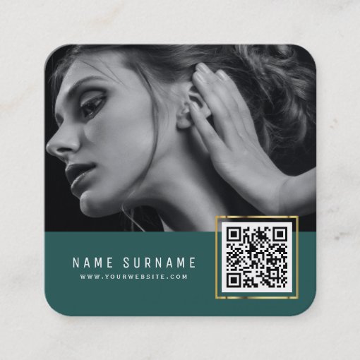 Emerald scannable barcode QR code photo Square Business Card | Zazzle