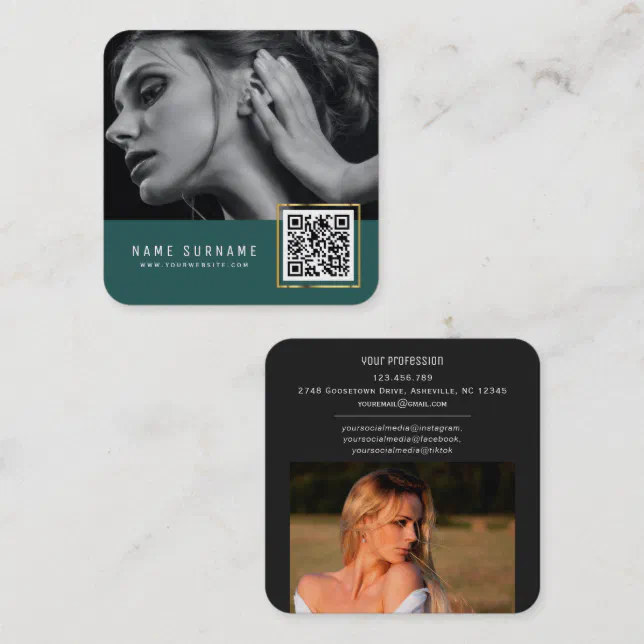 Emerald scannable barcode QR code photo Square Business Card | Zazzle