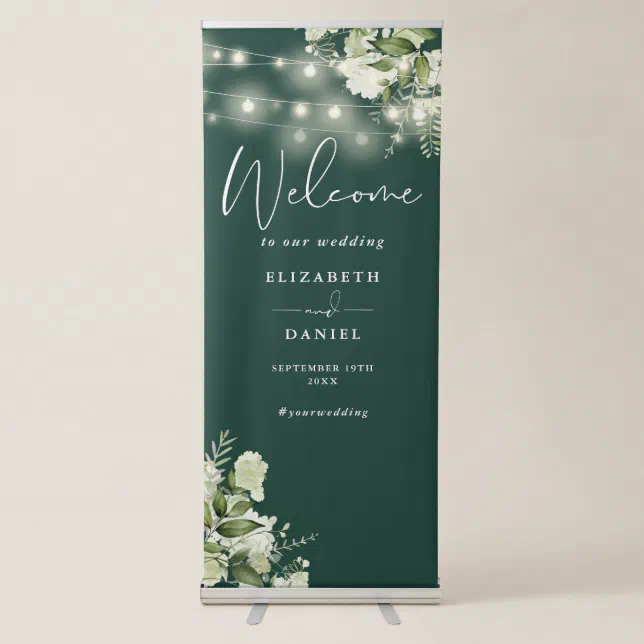 Emerald String Lights Floral Wedding Welcome Retractable Banner | Zazzle