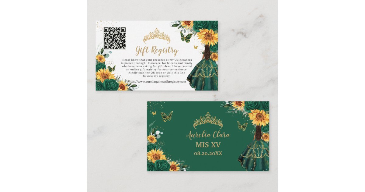Emerald Sunflower Floral Quinceañera Gift Registry Enclosure Card | Zazzle