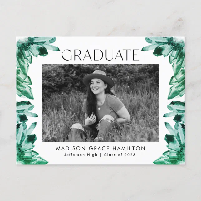 Emerald Watercolor Crystal Photo Graduation Party Invitation Postcard ...