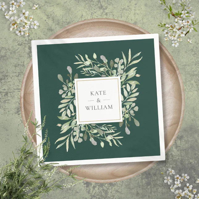 Emerald Watercolor Greenery Gold Napkins | Zazzle