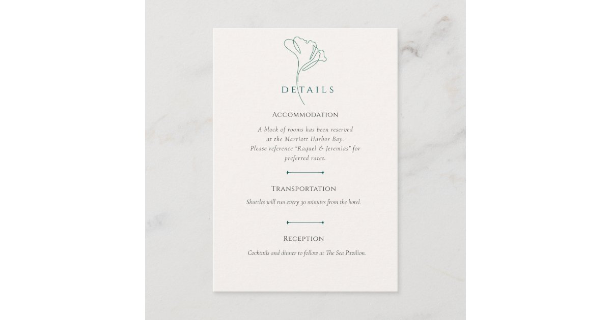 Emerald Wedding Accommodation Details card | Zazzle
