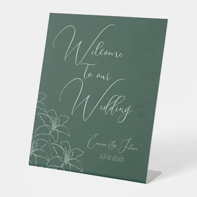 Emerald White Lilies Calligraphy Welcome Wedding Pedestal Sign | Zazzle