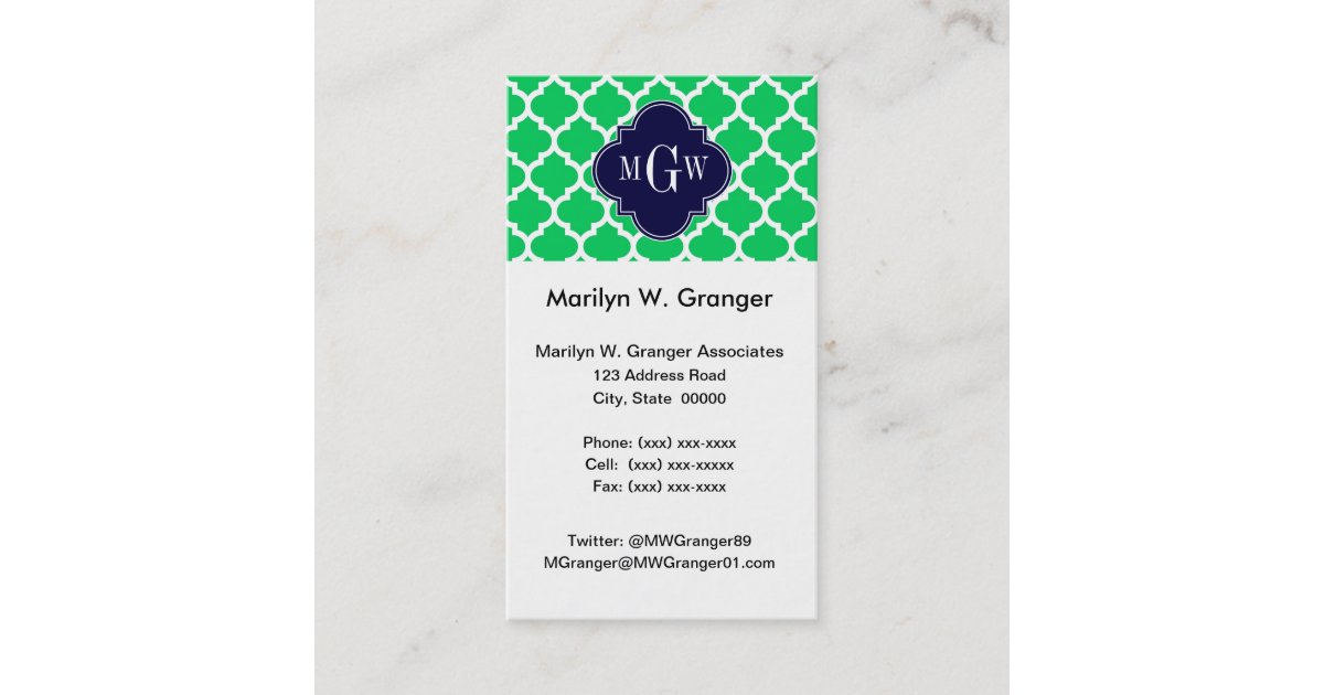 Emerald White Moroccan #5 Navy 3 Initial Monogram Business Card | Zazzle
