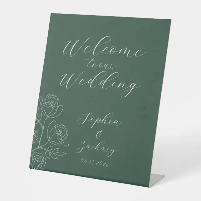 Emerald White Roses Calligraphy Welcome Wedding Pe Pedestal Sign | Zazzle