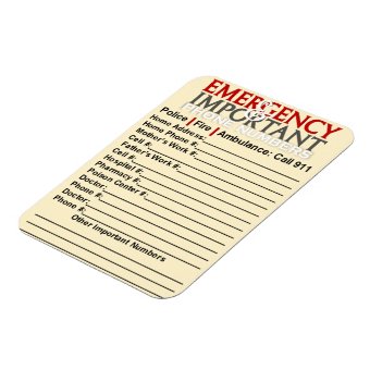 Emergency and Important phone numbers 3"x4" magnet | Zazzle