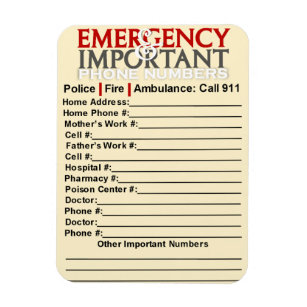 Emergency Numbers Magnets | Zazzle