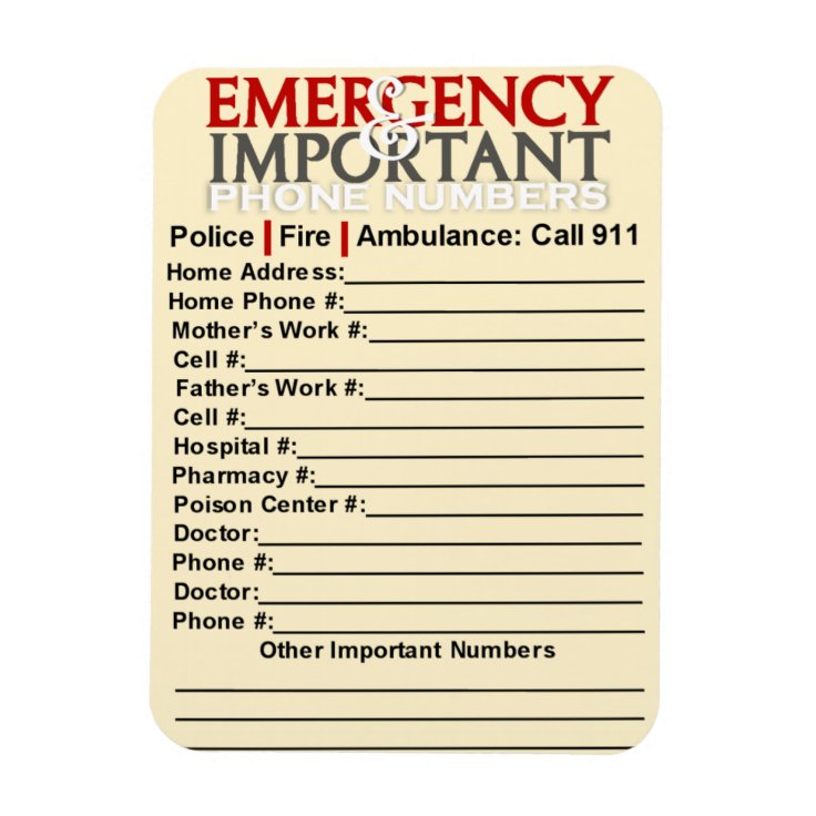 Emergency and Important phone numbers 3"x4" magnet | Zazzle