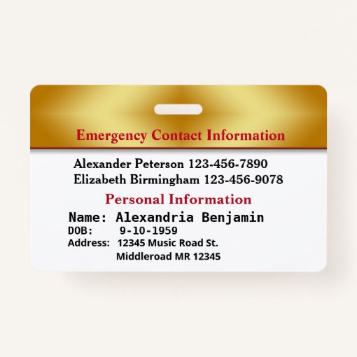 Emergency Medical Alert Contacts ID Card Custom Badge | Zazzle
