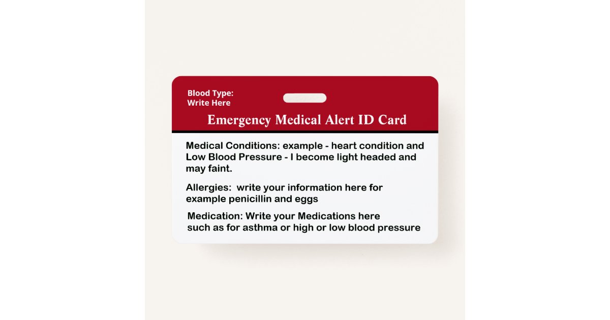 Emergency Medical Alert ID Card Custom Badge | Zazzle
