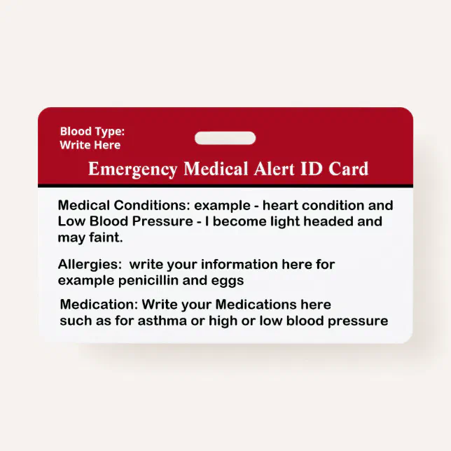 Emergency Medical Alert ID Card Custom Badge | Zazzle