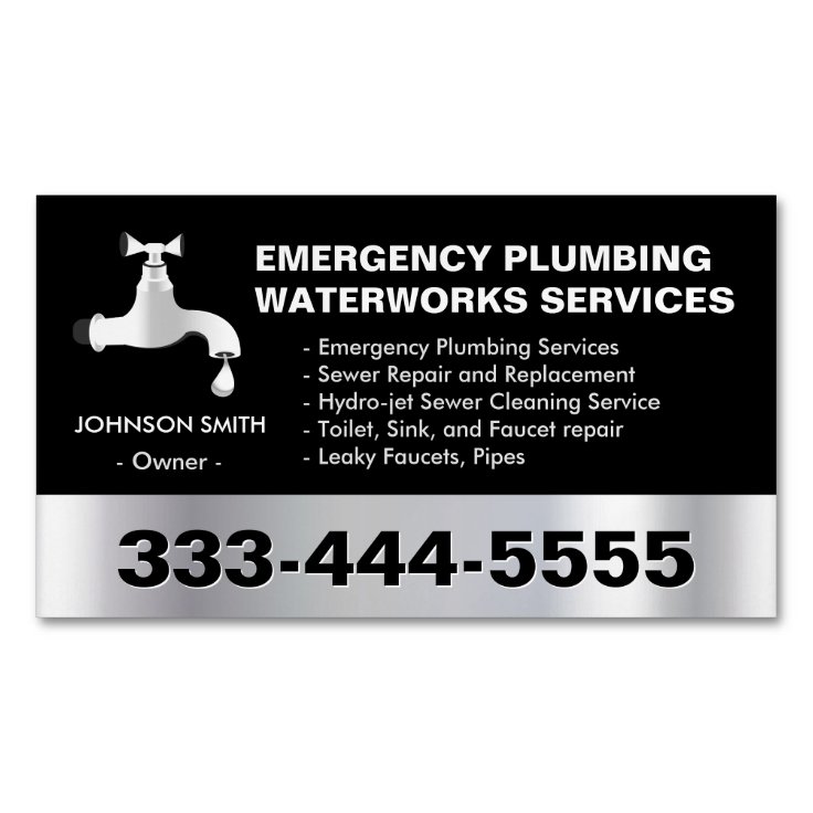 Emergency Plumbing Waterworks Service Black Metal Business Card Magnet ...