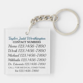 Emergency SAFETY Contact Numbers - See Back Keychain | Zazzle