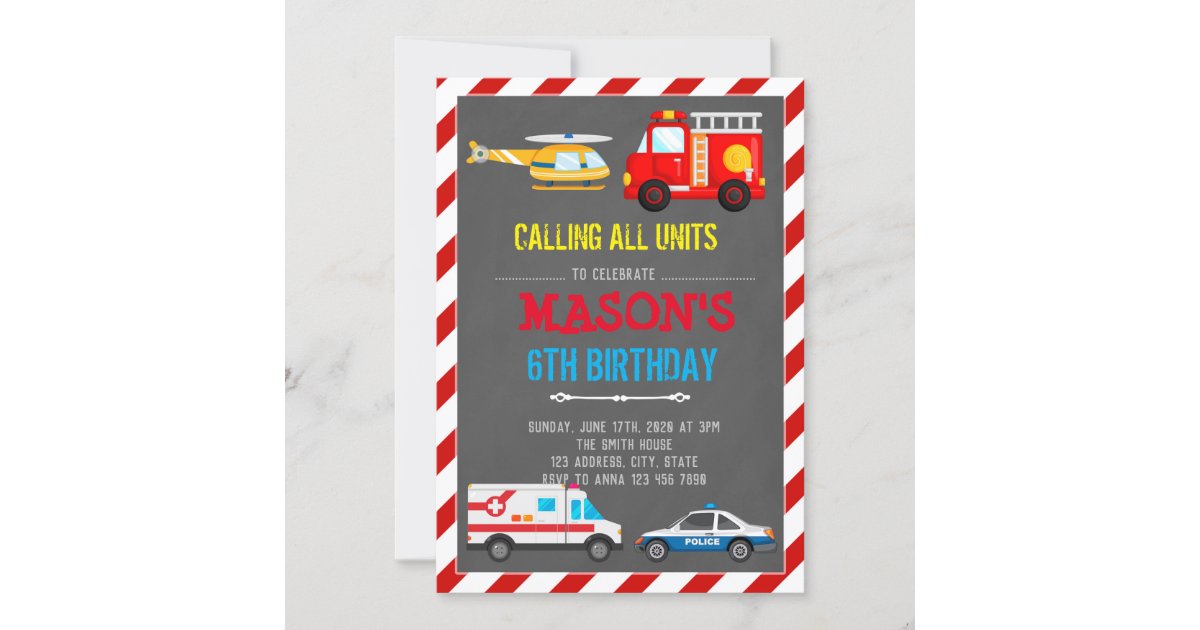 EMERGENCY VEHICLES TRANSPORTATION BIRTHDAY CARD | Zazzle