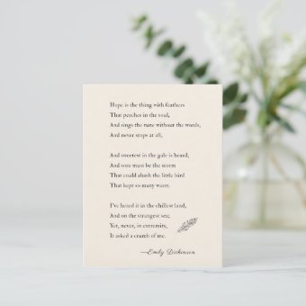 Emily Dickinson Poem hope is thing with feathers Postcard | Zazzle