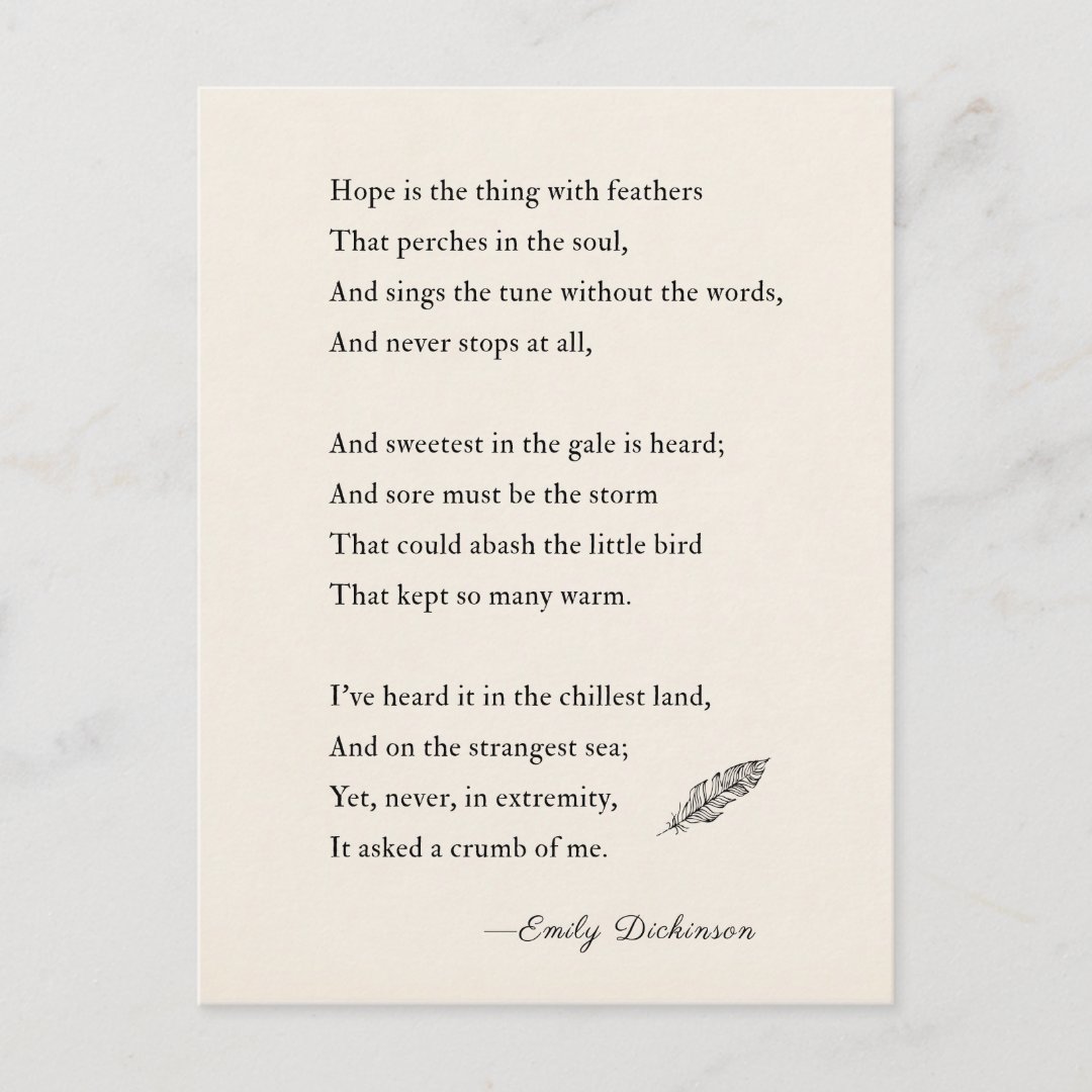Emily Dickinson Poem hope is thing with feathers Postcard | Zazzle
