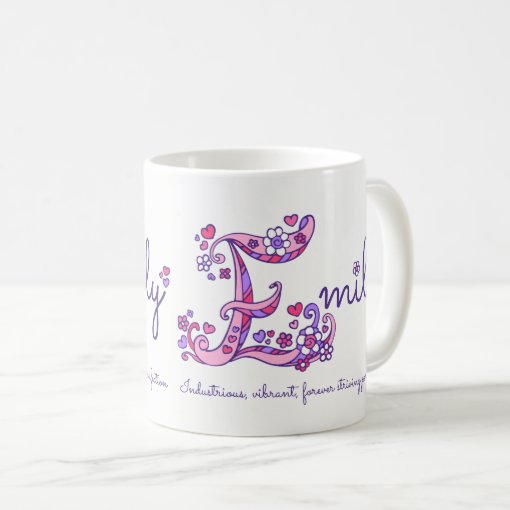 Emily name meaning heart flower E monogram mug | Zazzle