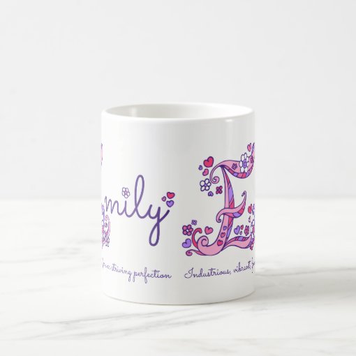 Emily name meaning heart flower E monogram mug | Zazzle