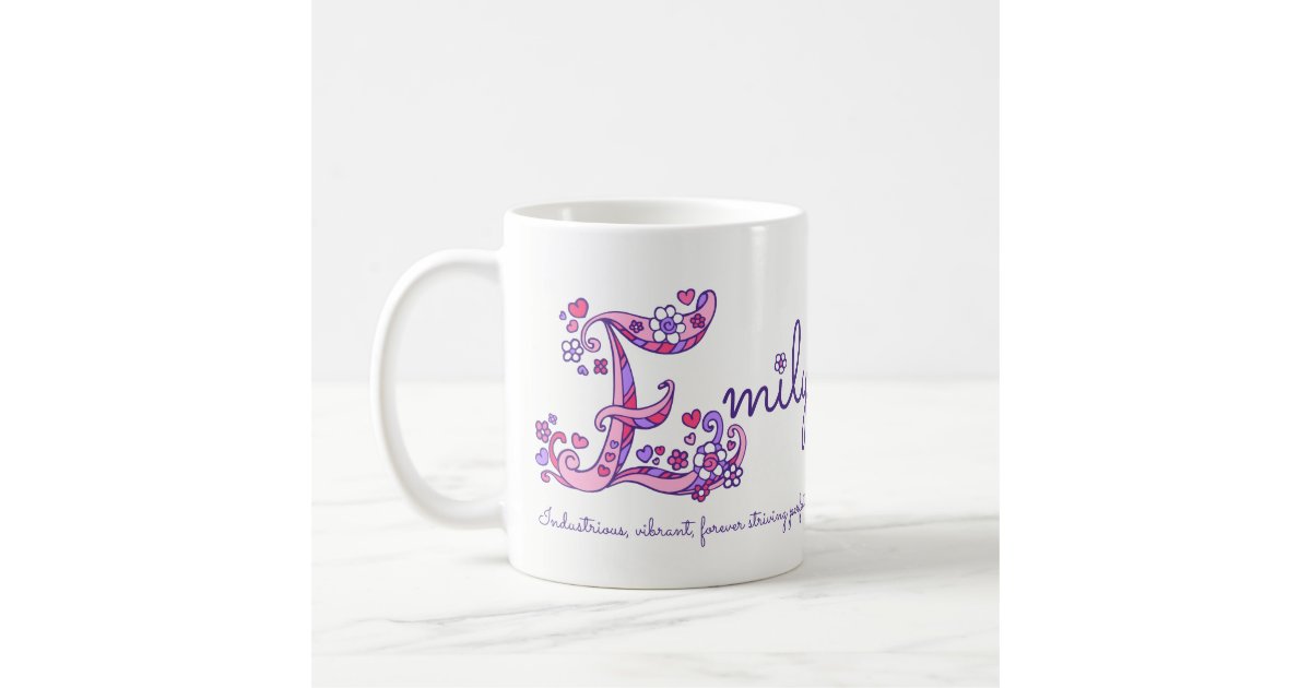 Emily name meaning heart flower E monogram mug | Zazzle