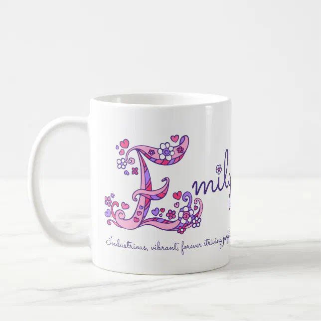Emily name meaning heart flower E monogram mug | Zazzle