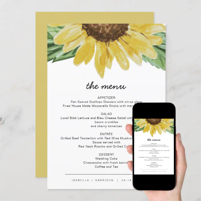 Emma - Rustic Sunflower Wedding Menu Cards | Zazzle