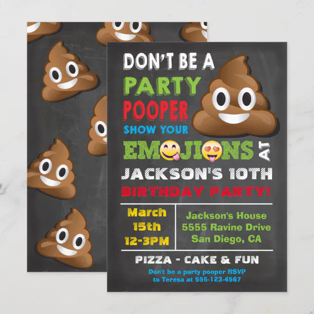 Emoji Party Pooper Boys Birthday Party Invitation | Zazzle