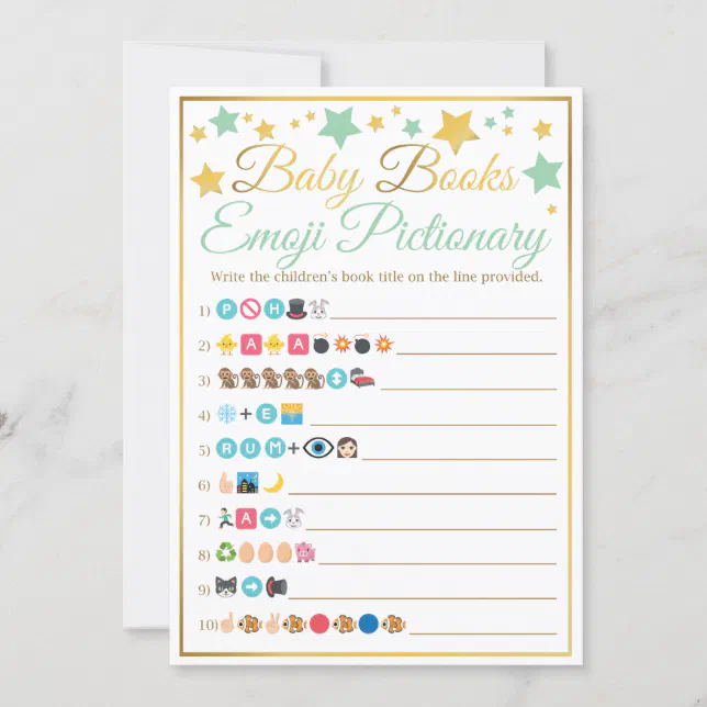 Emoji Pictionary Baby Shower Game Mint Gold Stars Invitation | Zazzle