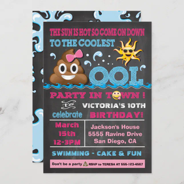 Emoji Pool Party Pooper Birthday Invitation | Zazzle