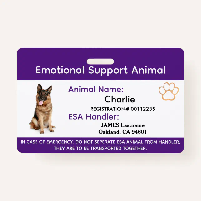 Emotional Support Animal ESA ID One Photo Badge | Zazzle