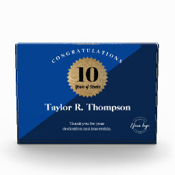 Employee 10 years of service Blue Gold Seal logo Acrylic Award | Zazzle