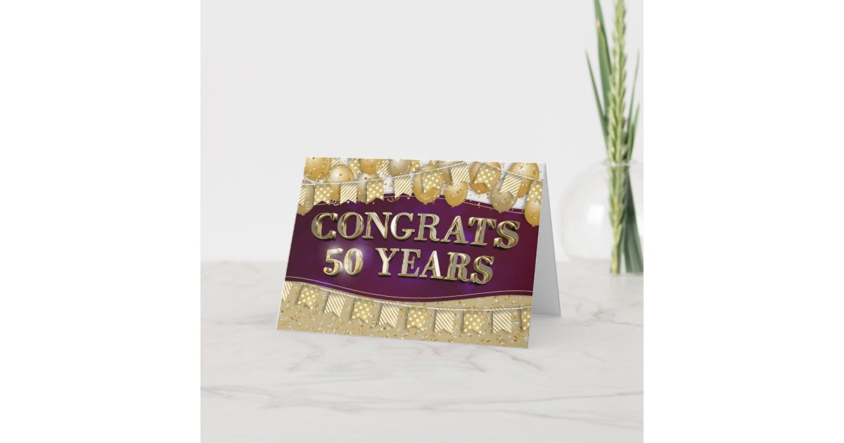 Employee 50th Anniversary Gold Text and Balloons Card | Zazzle