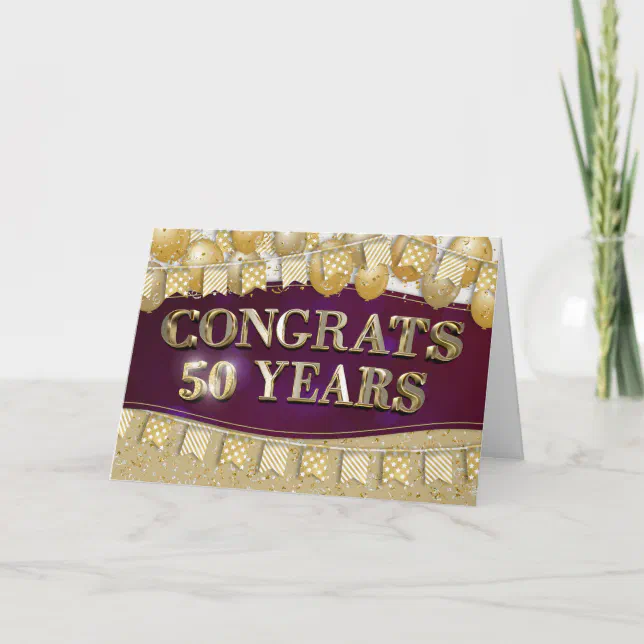Employee 50th Anniversary Gold Text and Balloons Card | Zazzle