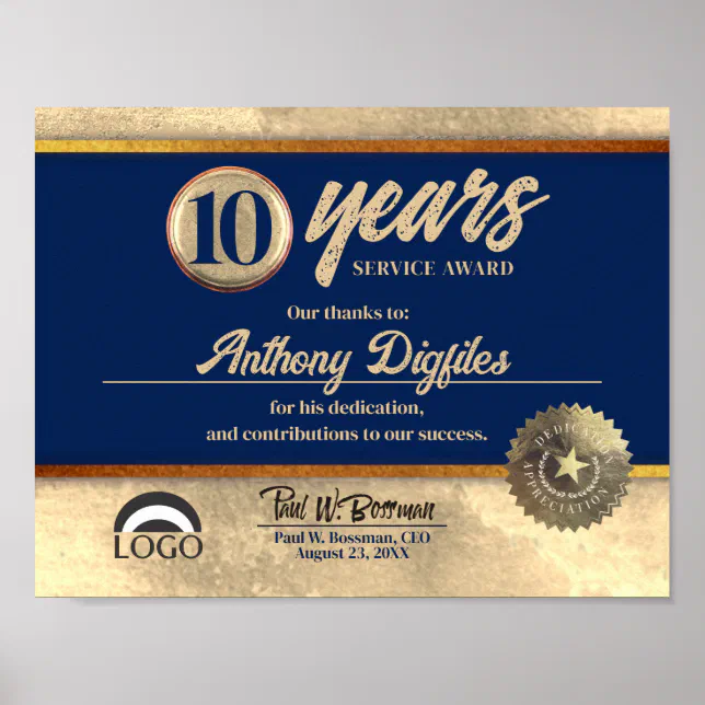 Employee anniversary recognition certificate poster | Zazzle