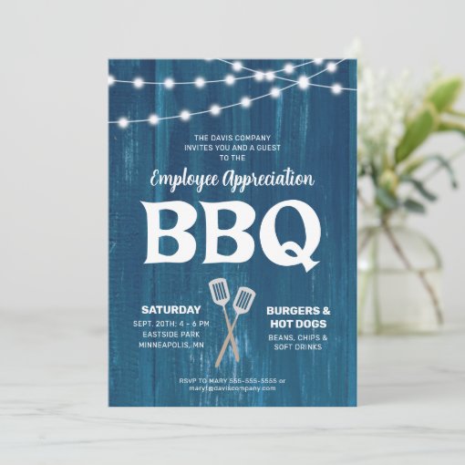 Employee Appreciation BBQ Rustic Blue Invitation | Zazzle