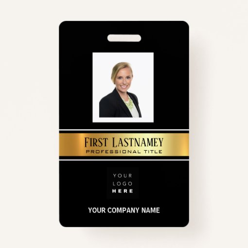 Employee Barcode Logo Name Scan Gold Vertical Badge | Zazzle