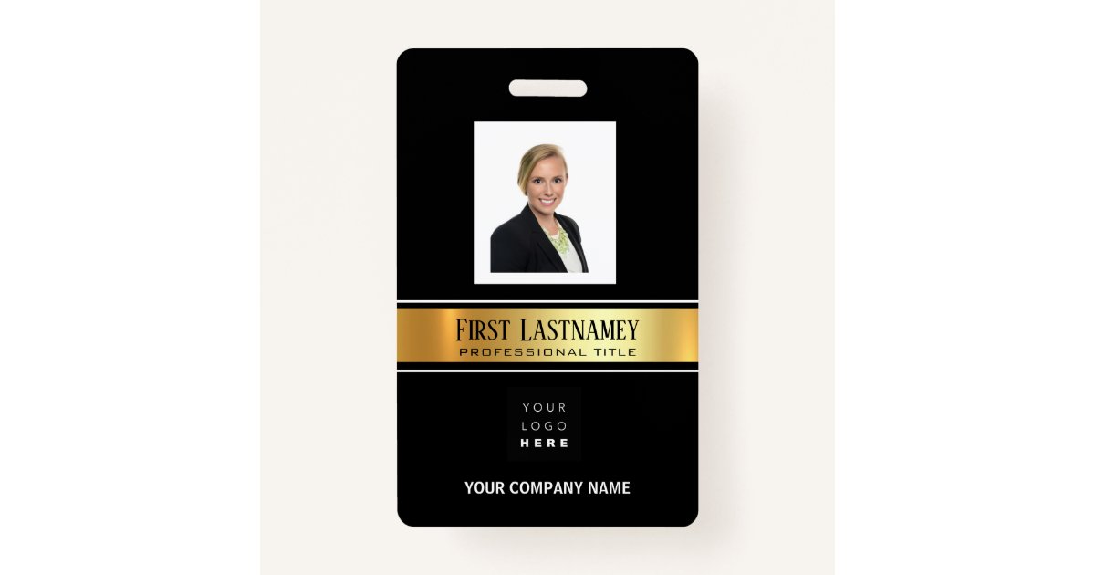 Employee Barcode Logo Name Scan Gold Vertical Badge | Zazzle