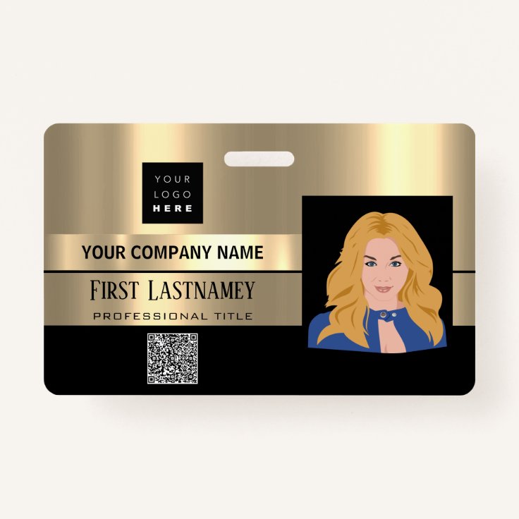 Employee Barcode Logo Name Scanner Black Gold Lux Badge | Zazzle