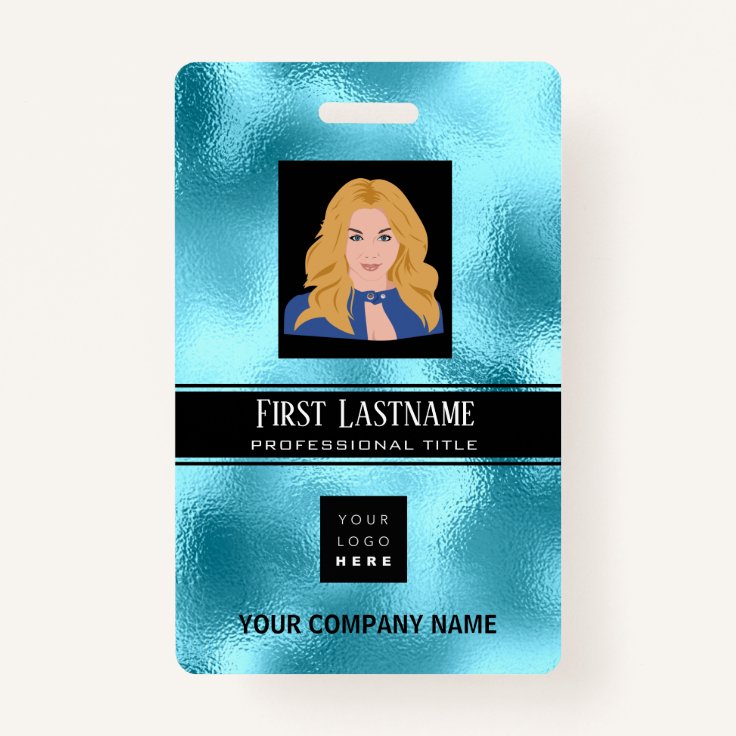 Employee Barcode Logo Name Scanner Vertical Blue Badge | Zazzle
