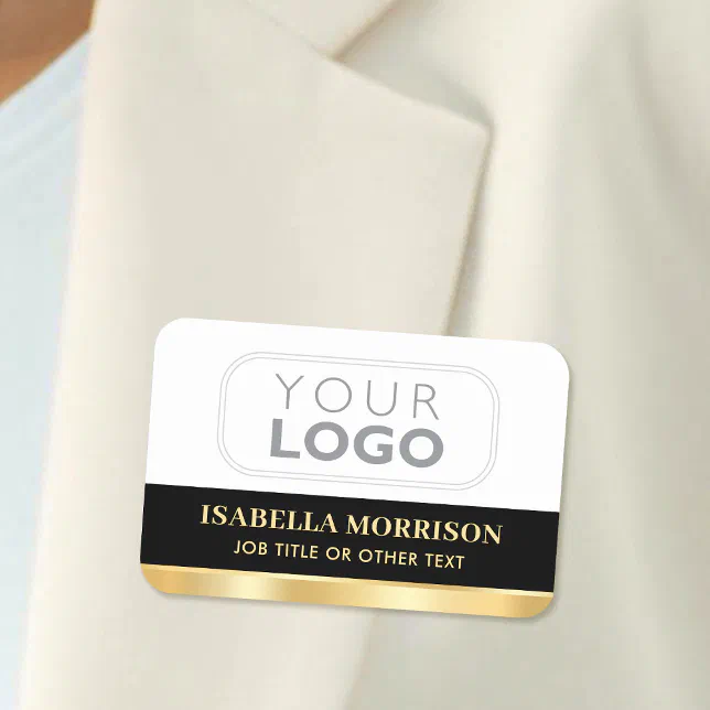 Employee Business Company Logo ID Black Gold Name Tag | Zazzle
